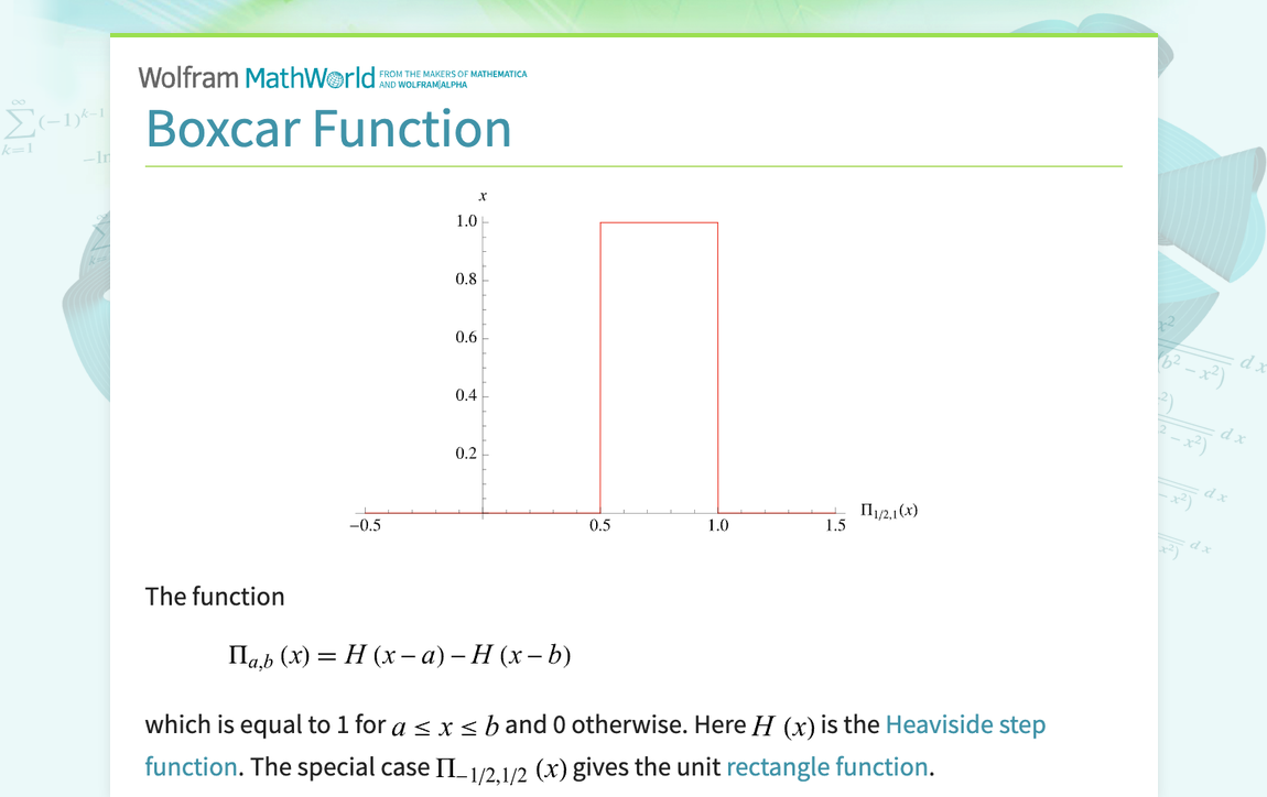 Boxcar Function -- from Wolfram MathWorld
