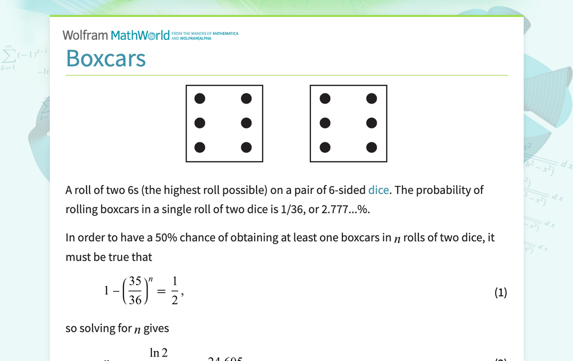Boxcars -- from Wolfram MathWorld