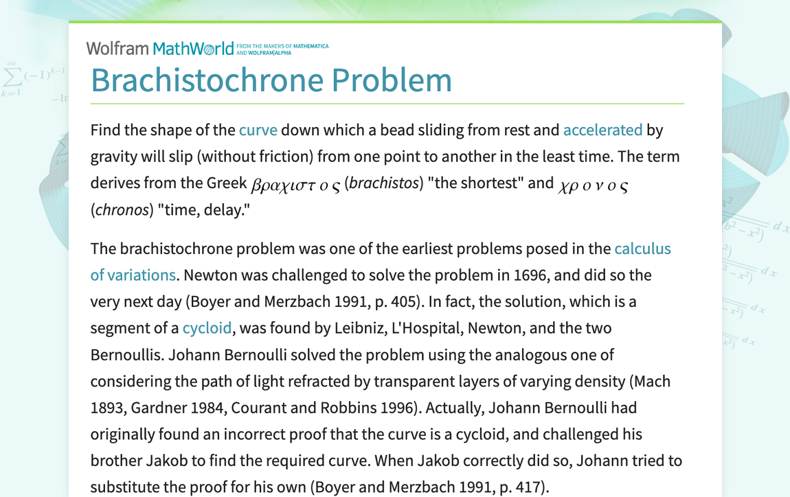 Brachistochrone Problem -- from Wolfram MathWorld