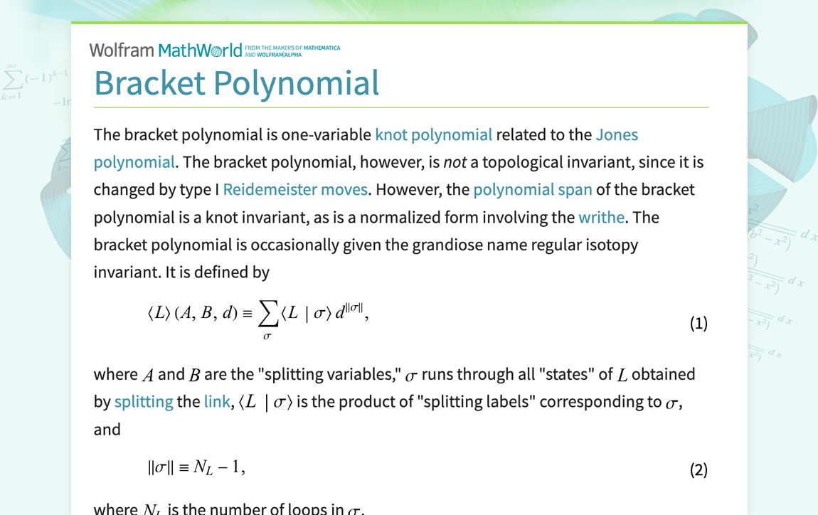 Bracket Polynomial -- from Wolfram MathWorld