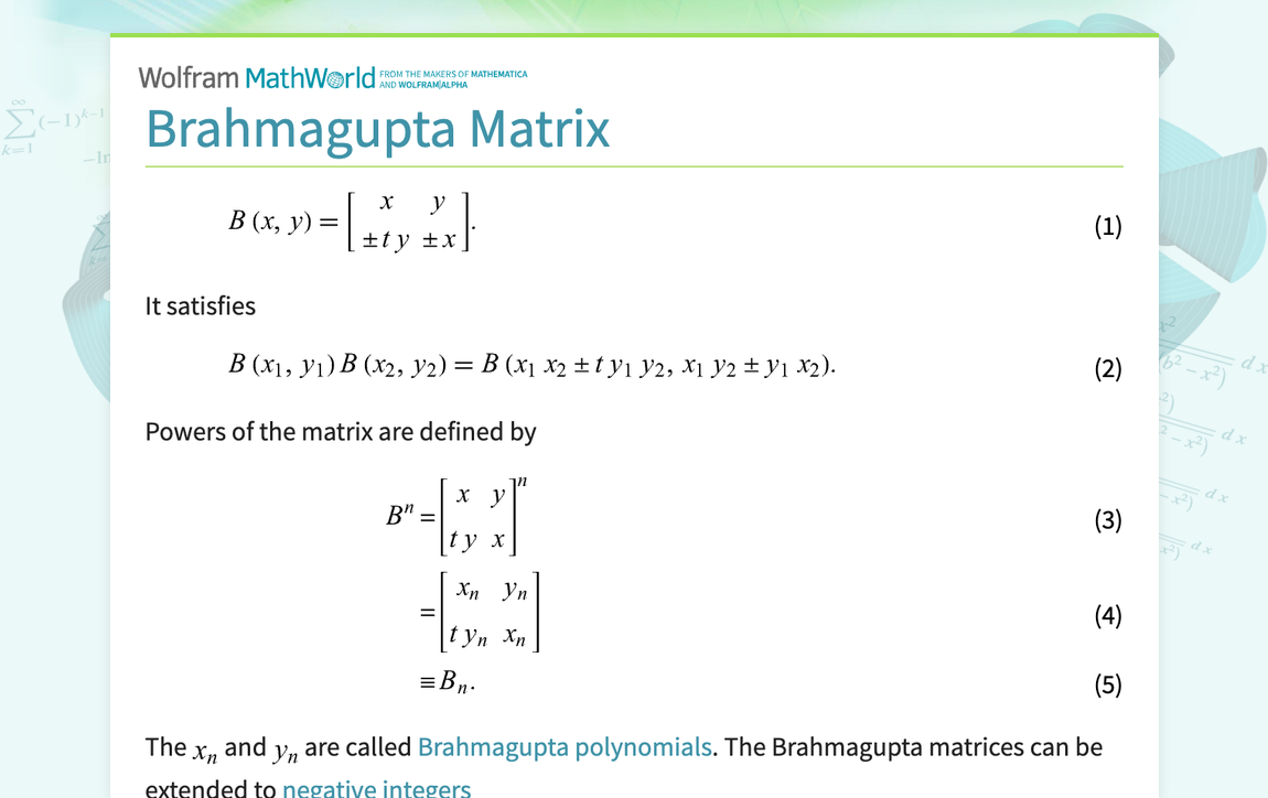 Brahmagupta Matrix -- from Wolfram MathWorld