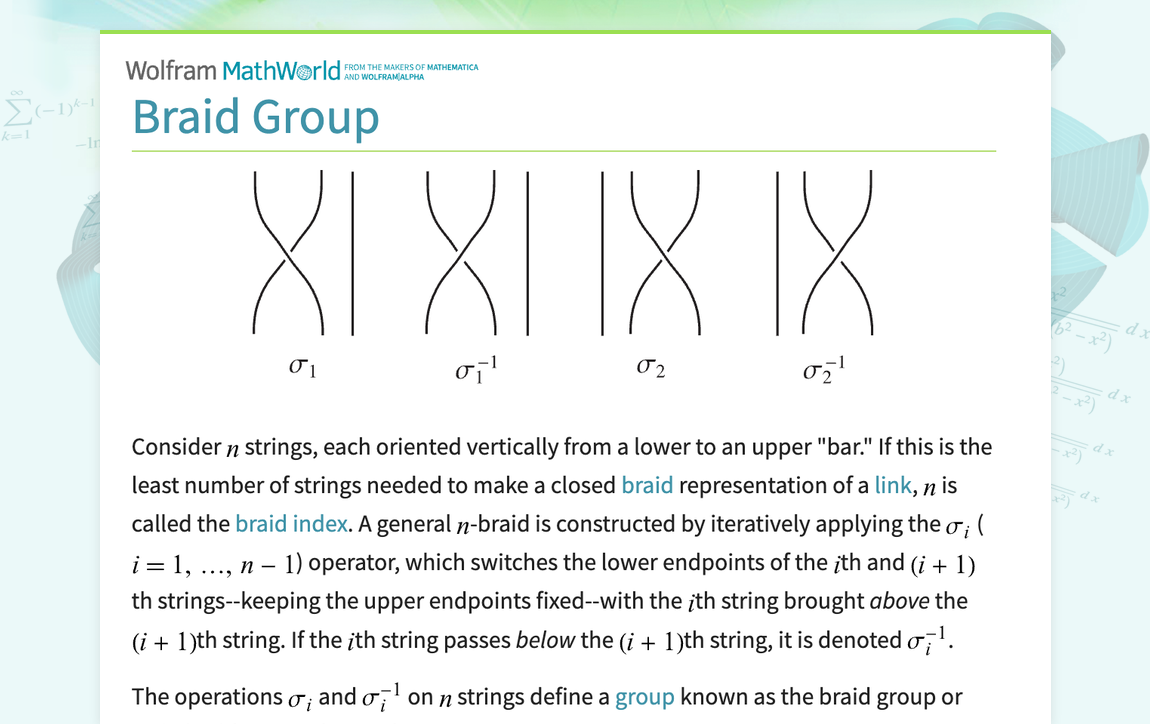 Braid Group -- from Wolfram MathWorld