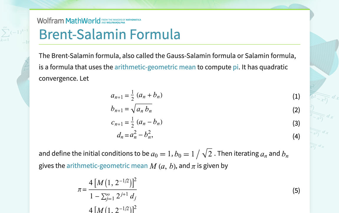 Brent-Salamin Formula -- from Wolfram MathWorld