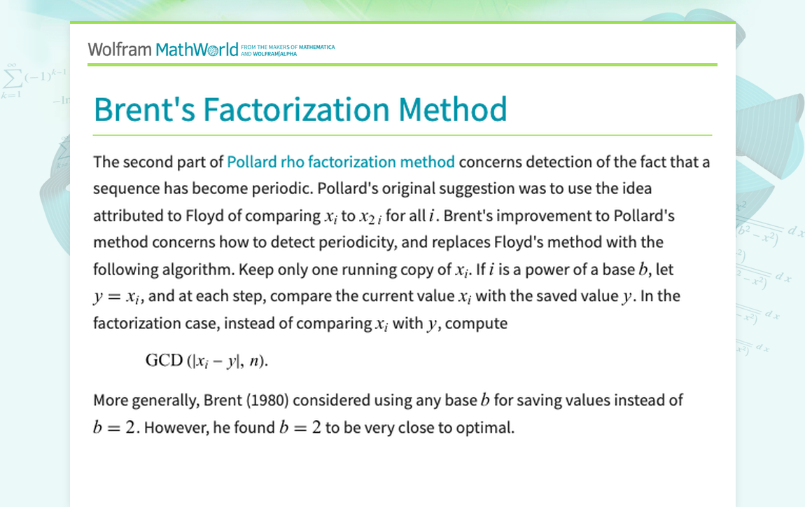 Brents Factorization Method From Wolfram Mathworld 9537