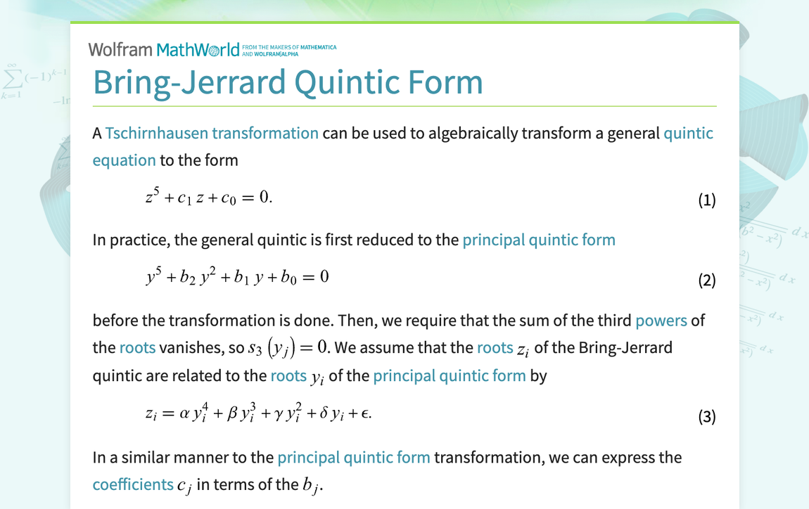 Bring-Jerrard Quintic Form -- from Wolfram MathWorld