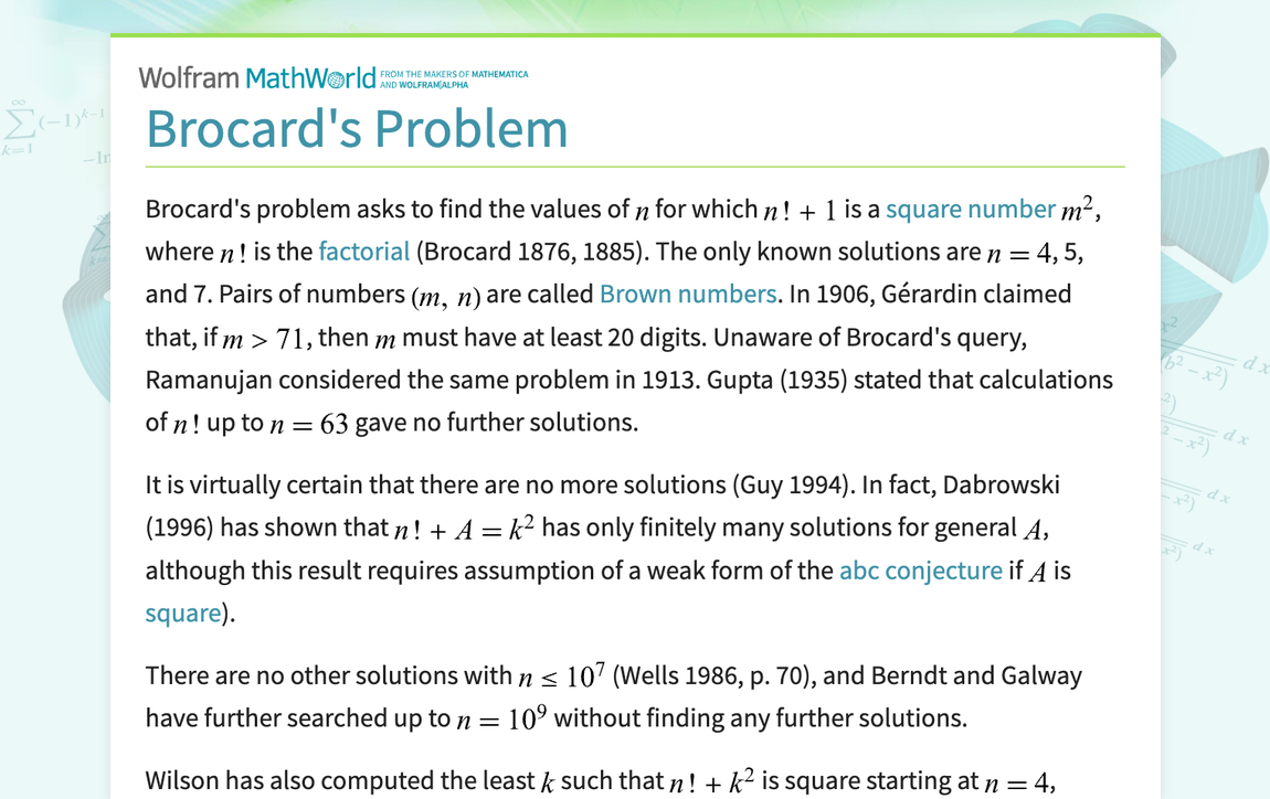 Brocard's Problem -- from Wolfram MathWorld