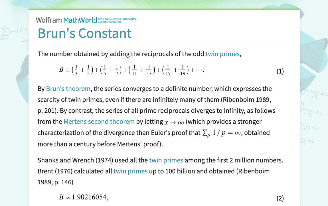 Brun's Constant -- from Wolfram MathWorld