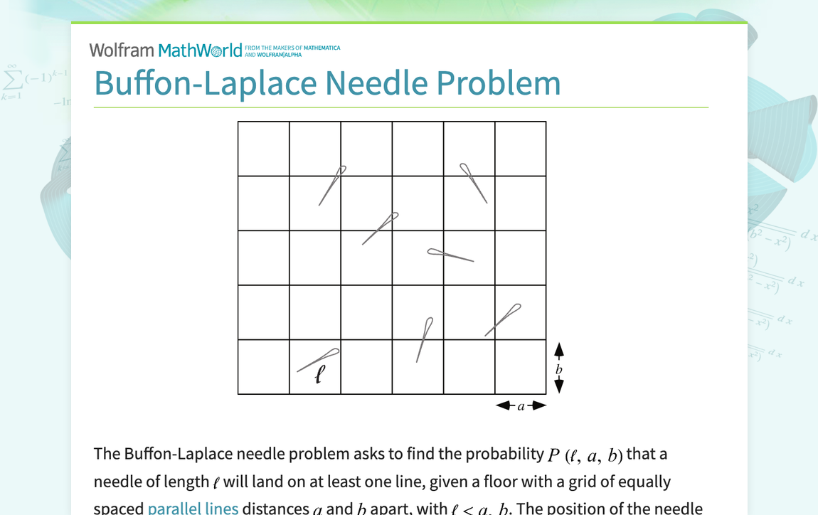 Buffon-Laplace Needle Problem -- from Wolfram MathWorld