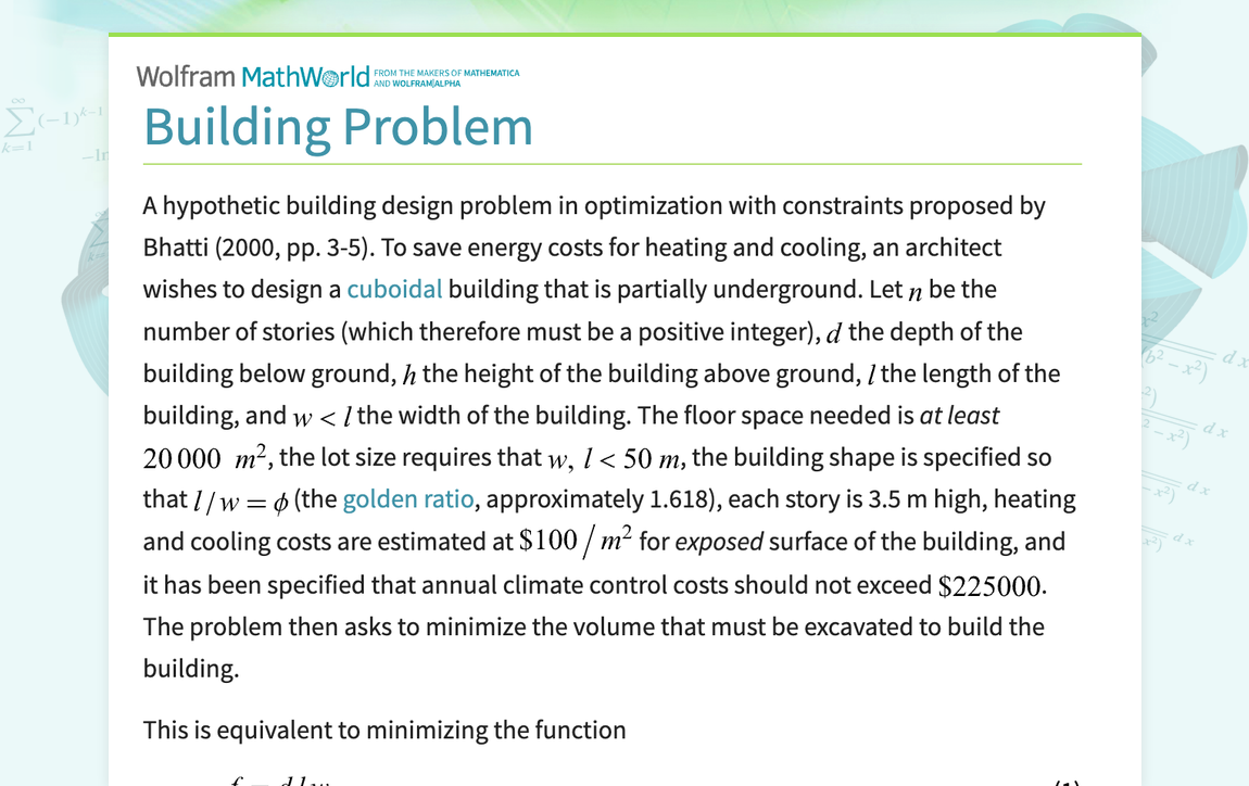 Building Problem -- from Wolfram MathWorld
