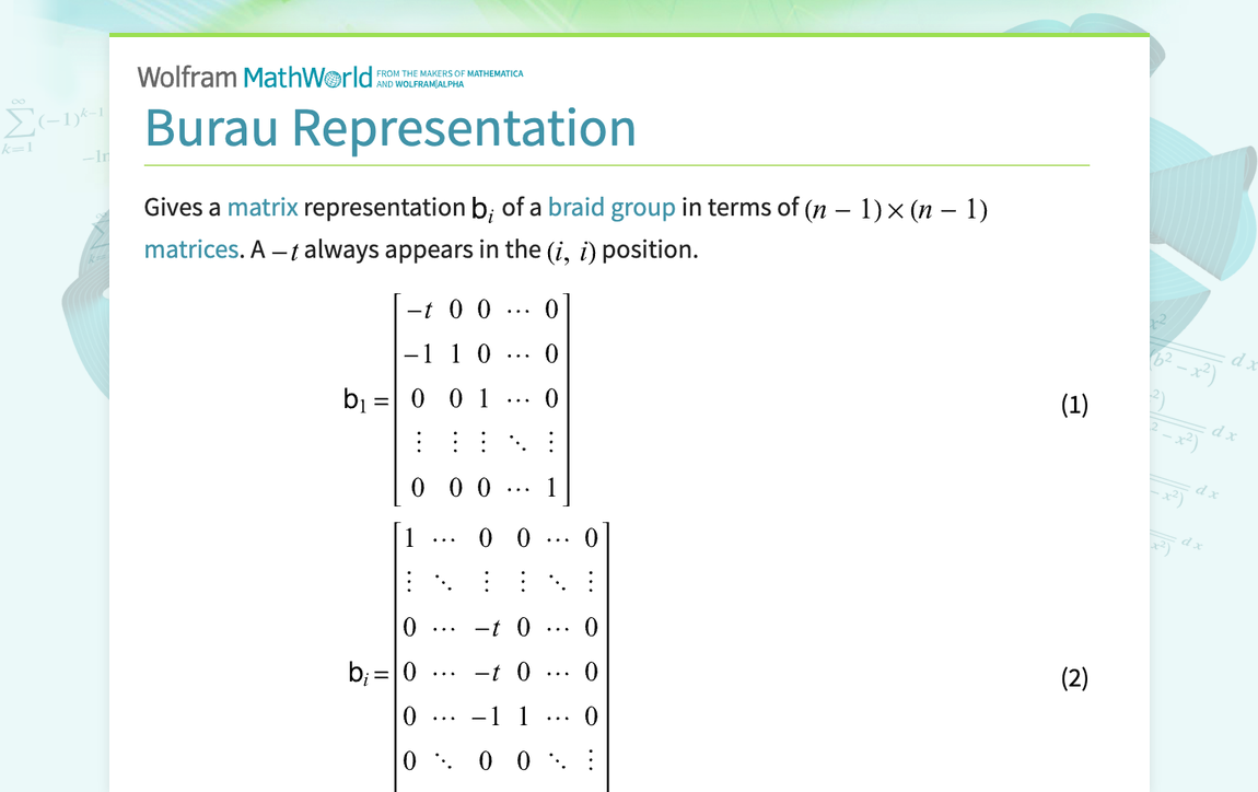 Burau Representation -- from Wolfram MathWorld