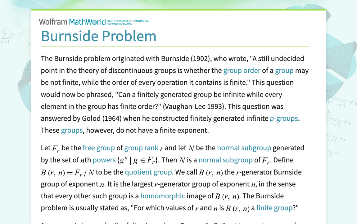 Burnside Problem -- from Wolfram MathWorld