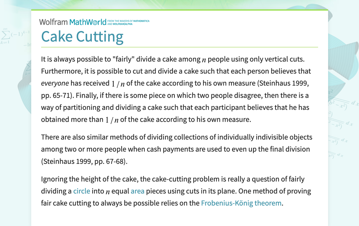 Cake Cutting -- from Wolfram MathWorld