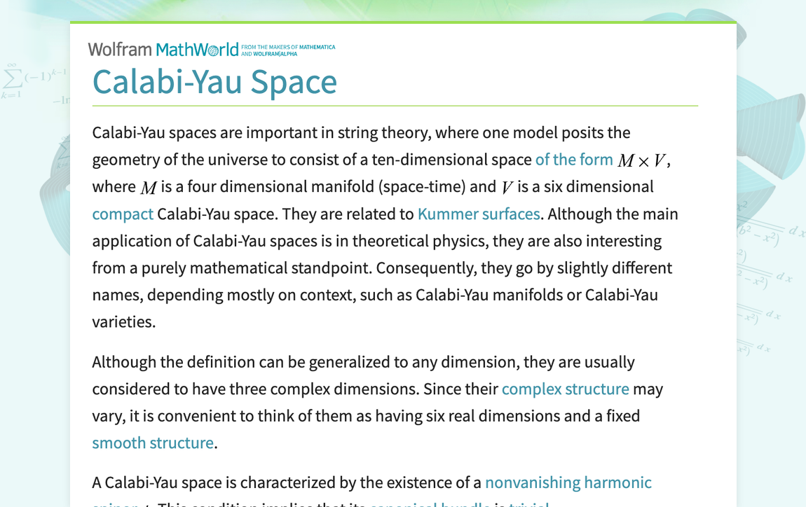 Calabi-Yau Space -- from Wolfram MathWorld