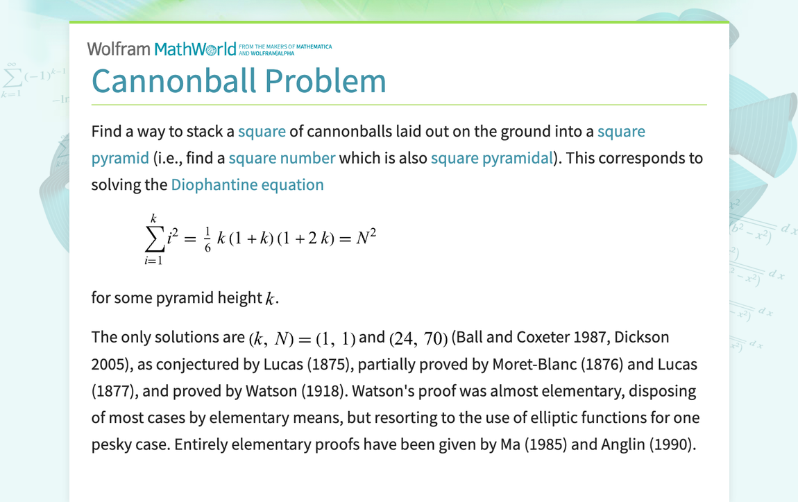 Cannonball Problem -- from Wolfram MathWorld