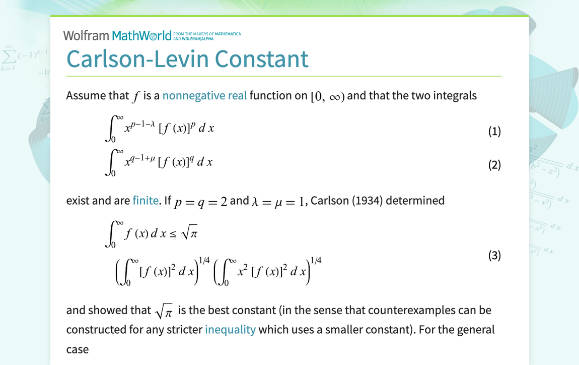 Carlson-Levin Constant -- from Wolfram MathWorld