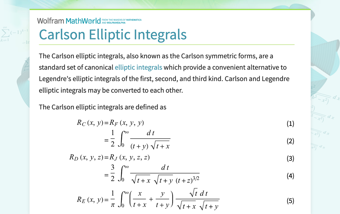 Carlson Elliptic Integrals -- from Wolfram MathWorld