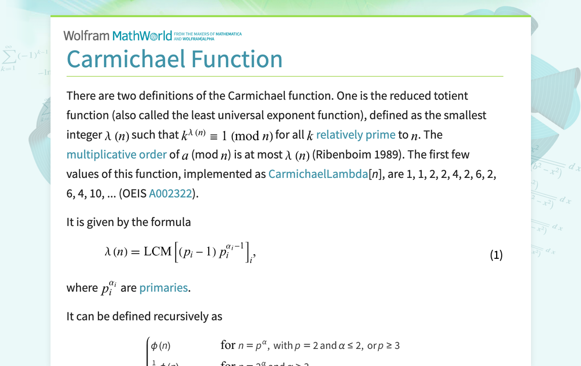 Carmichael Function -- from Wolfram MathWorld