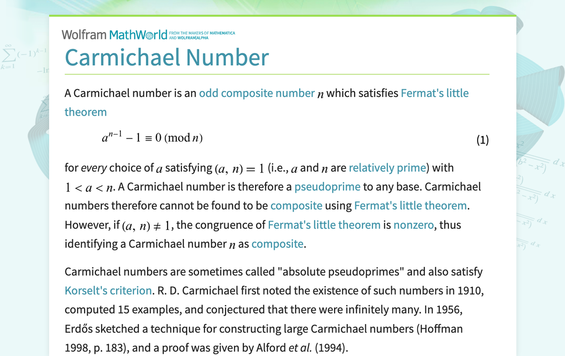 Carmichael Number -- from Wolfram MathWorld