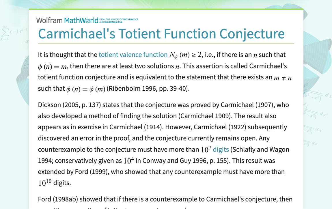Carmichael's Totient Function Conjecture -- from Wolfram MathWorld