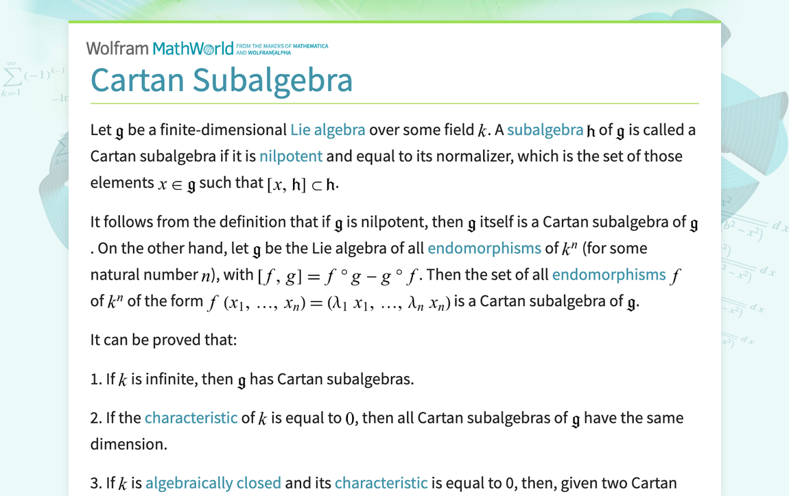 Cartan Subalgebra -- from Wolfram MathWorld