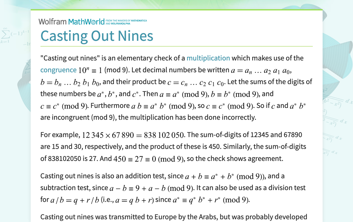 Casting Out Nines -- from Wolfram MathWorld