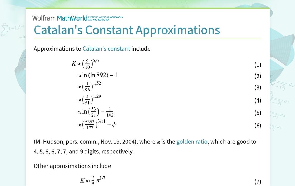 Catalan's Constant Approximations -- from Wolfram MathWorld