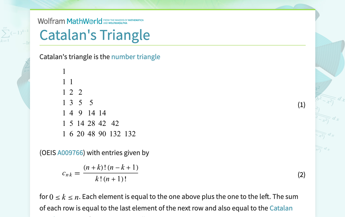 Catalan's Triangle -- from Wolfram MathWorld