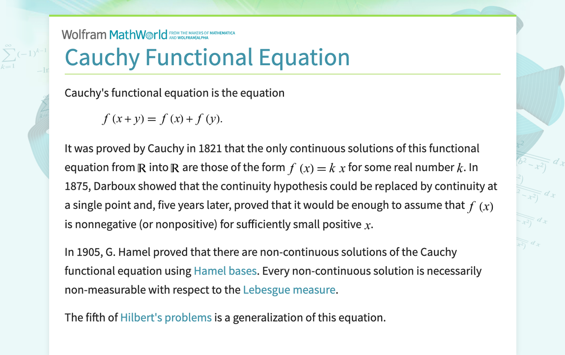 Cauchy Functional Equation From Wolfram Mathworld