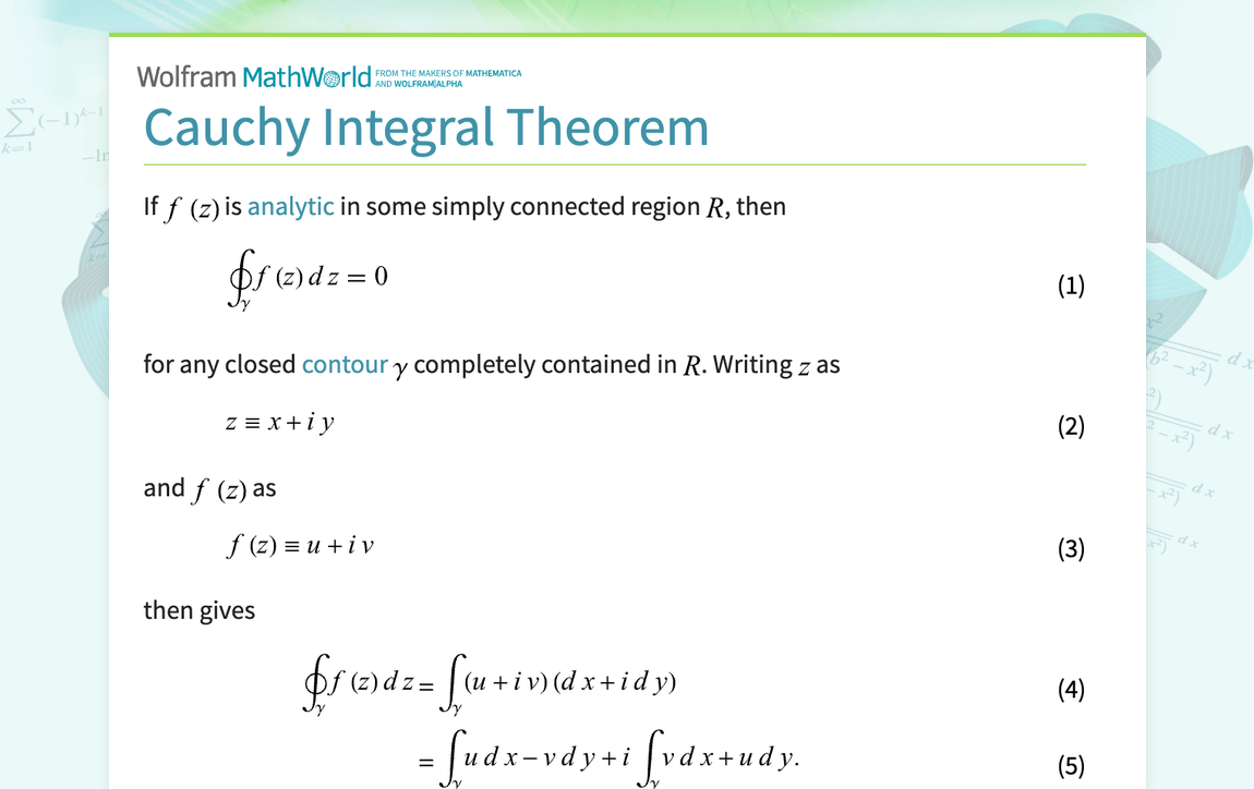 Cauchy Integral Theorem -- from Wolfram MathWorld