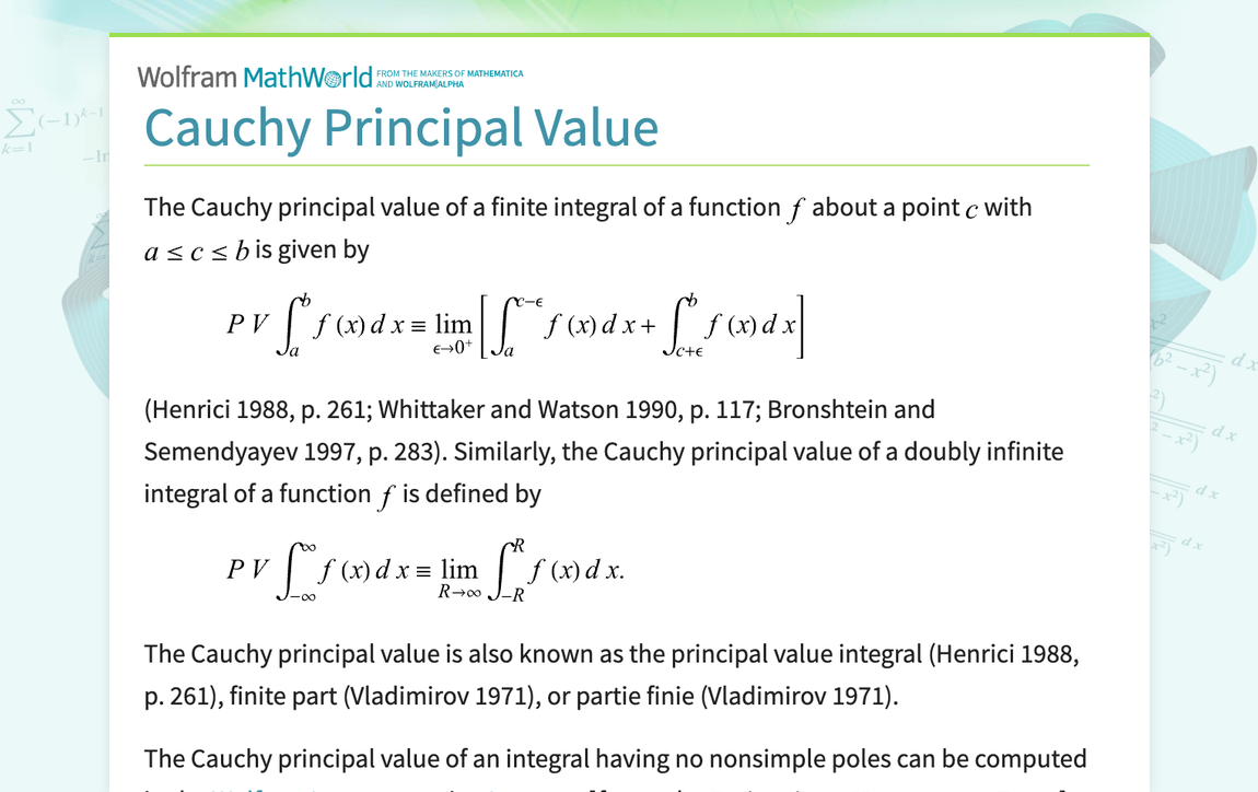 Cauchy Principal Value From Wolfram Mathworld
