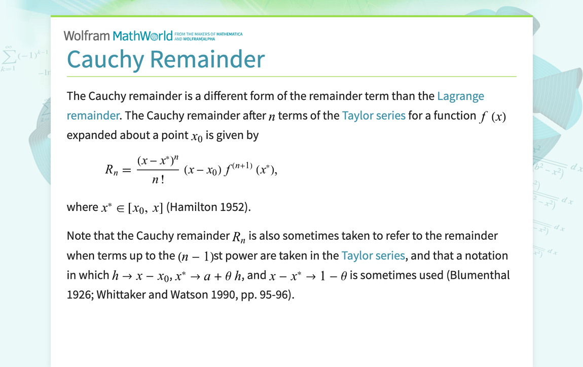Cauchy Remainder -- from Wolfram MathWorld
