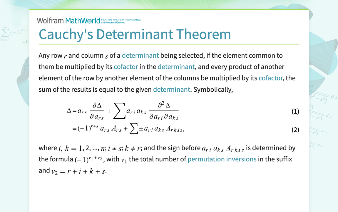 Cauchy's Determinant Theorem -- from Wolfram MathWorld