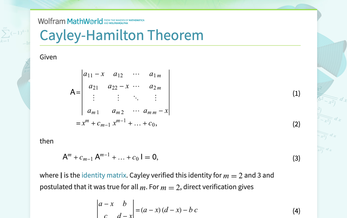 Cayley-Hamilton Theorem -- from Wolfram MathWorld