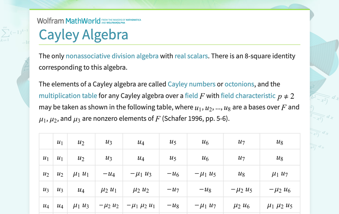 Cayley Algebra -- from Wolfram MathWorld