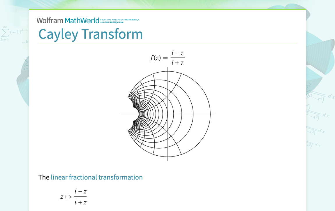 Cayley Transform -- from Wolfram MathWorld