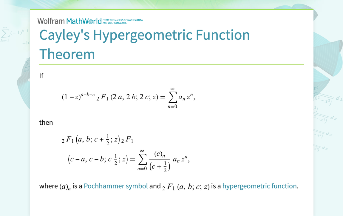 Cayleys Hypergeometric Function Theorem From Wolfram Mathworld