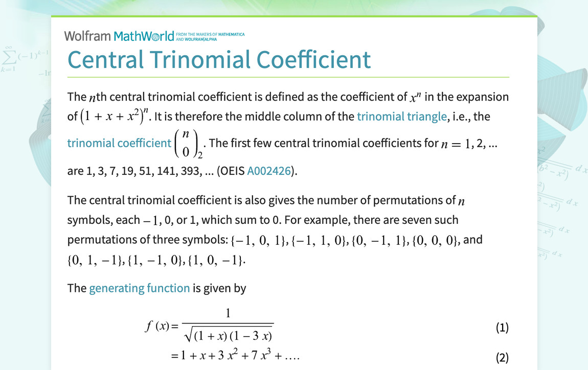 Central Trinomial Coefficient -- from Wolfram MathWorld