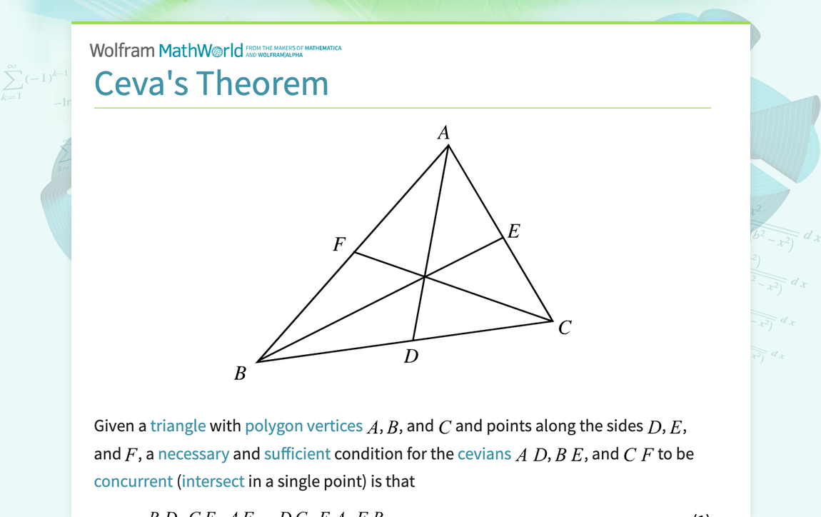 Ceva's Theorem -- from Wolfram MathWorld