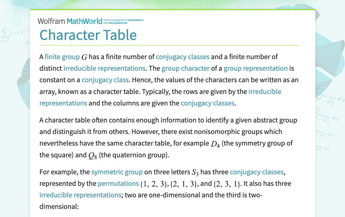 Character Table -- from Wolfram MathWorld