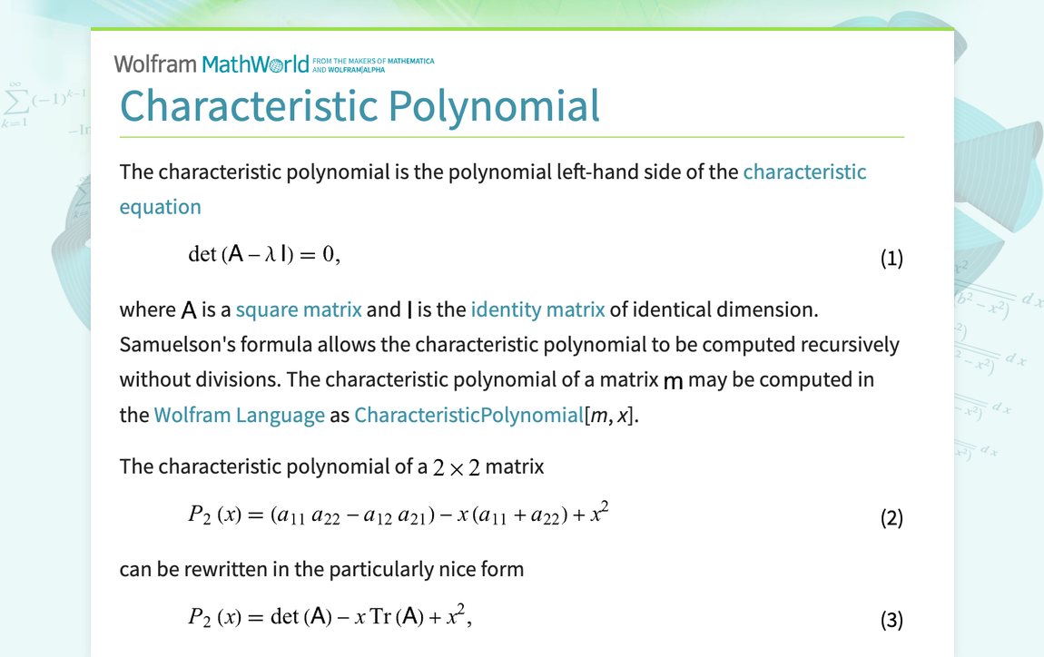 Characteristic Polynomial From Wolfram Mathworld