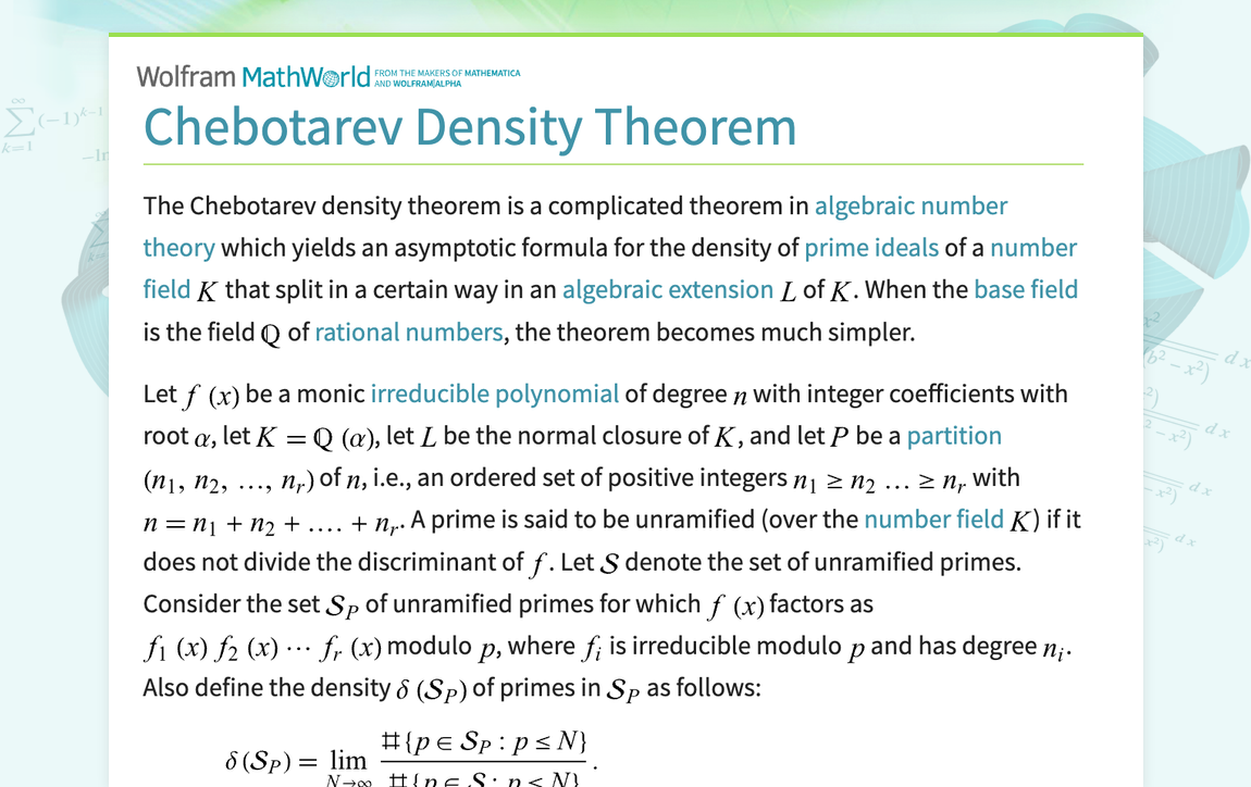 Chebotarev Density Theorem -- from Wolfram MathWorld
