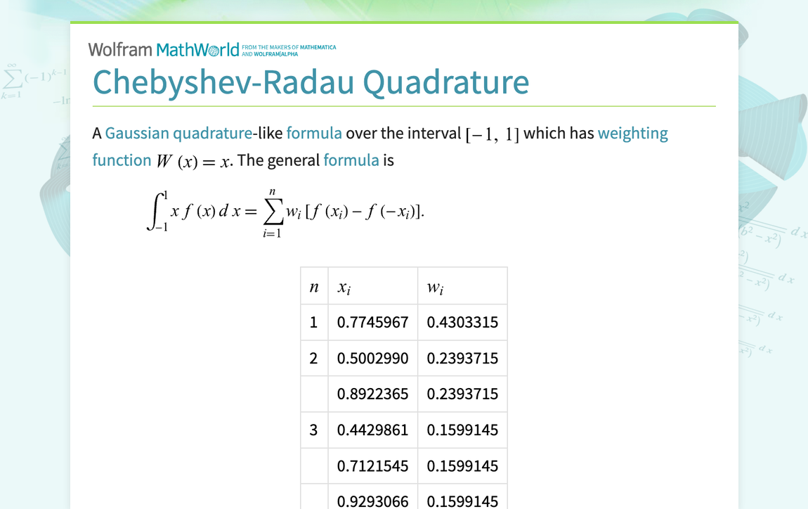 Chebyshev-Radau Quadrature -- from Wolfram MathWorld