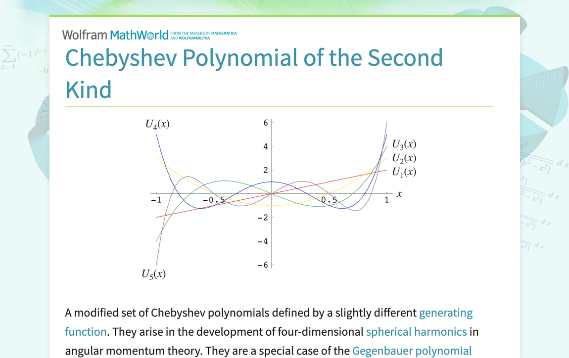 Chebyshev Polynomial Of The Second Kind From Wolfram Mathworld