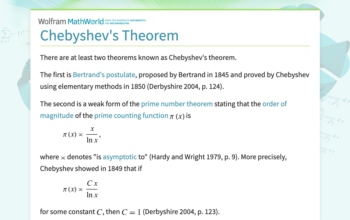 Chebyshev's Theorem -- from Wolfram MathWorld