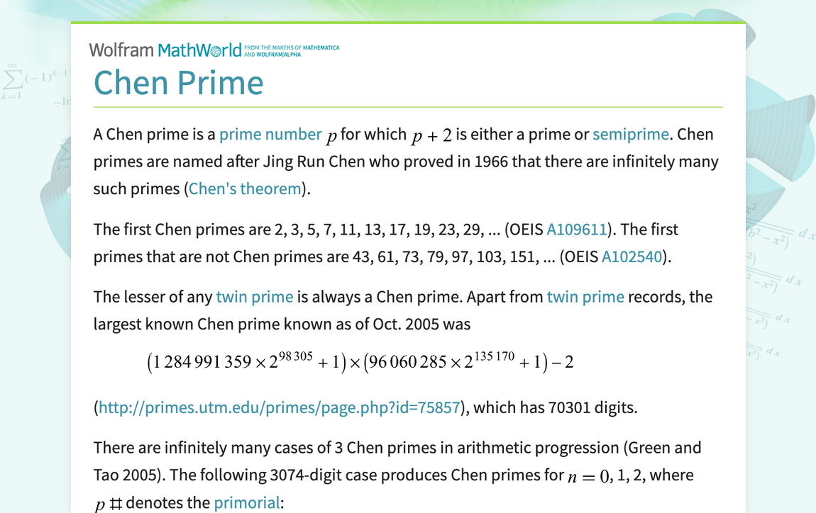 Chen Prime -- from Wolfram MathWorld