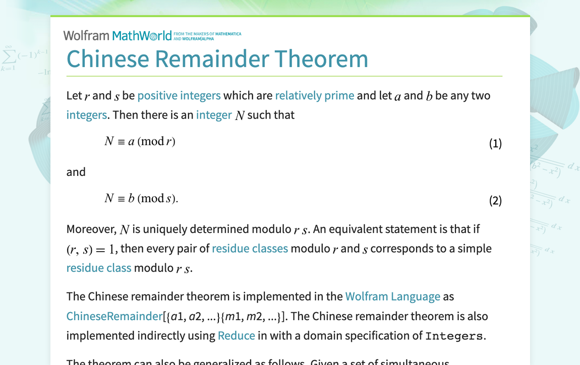 Chinese Remainder Theorem -- from Wolfram MathWorld