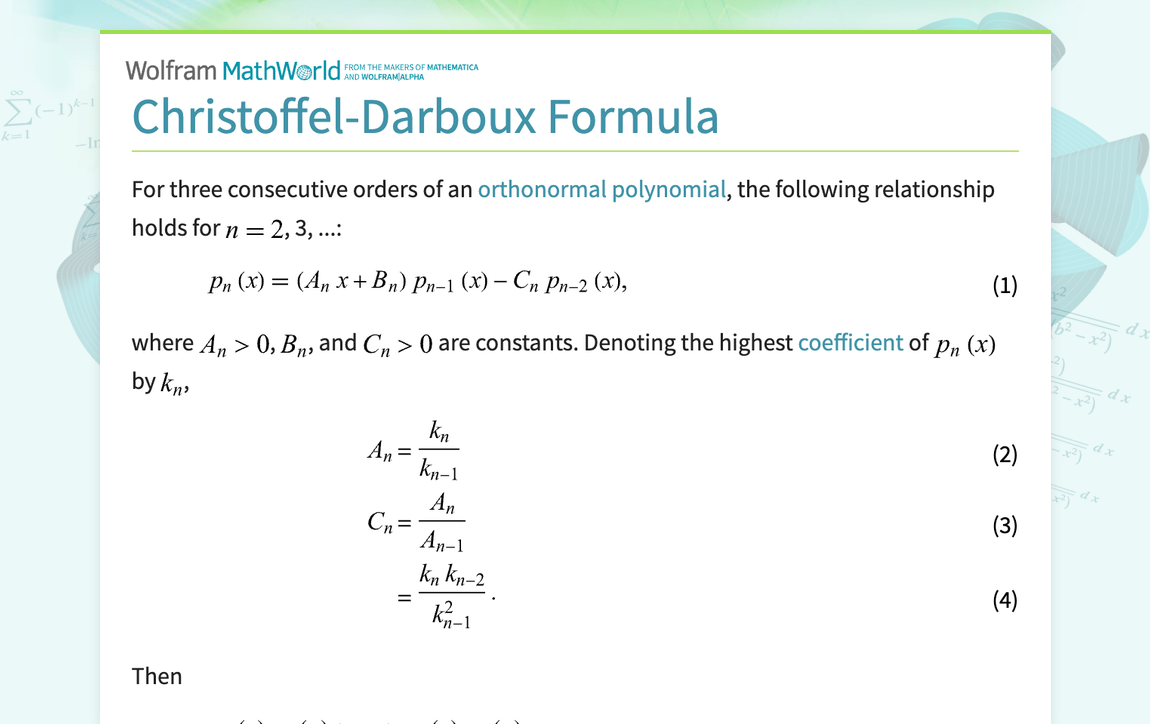 Christoffel-Darboux Formula -- from Wolfram MathWorld