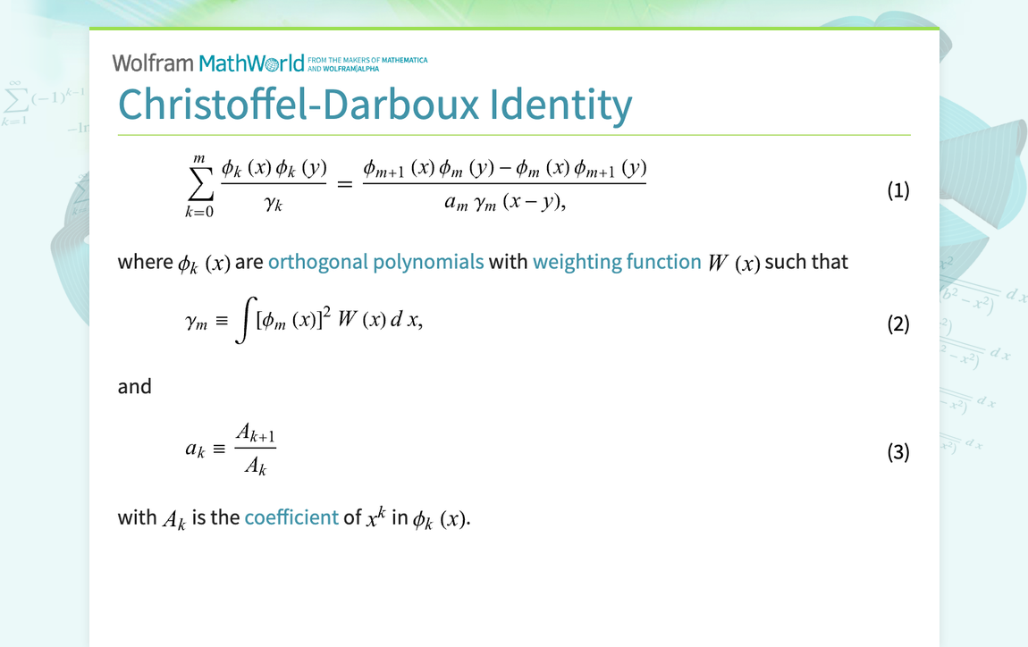 Christoffel-Darboux Identity -- from Wolfram MathWorld