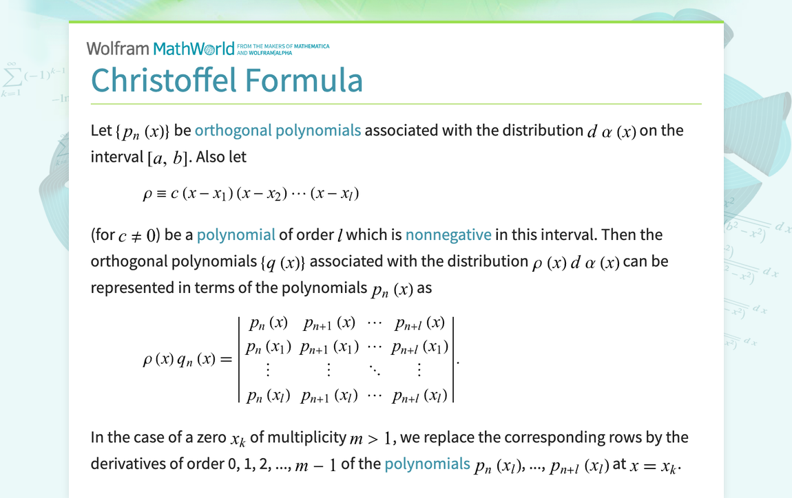 Christoffel Formula -- from Wolfram MathWorld