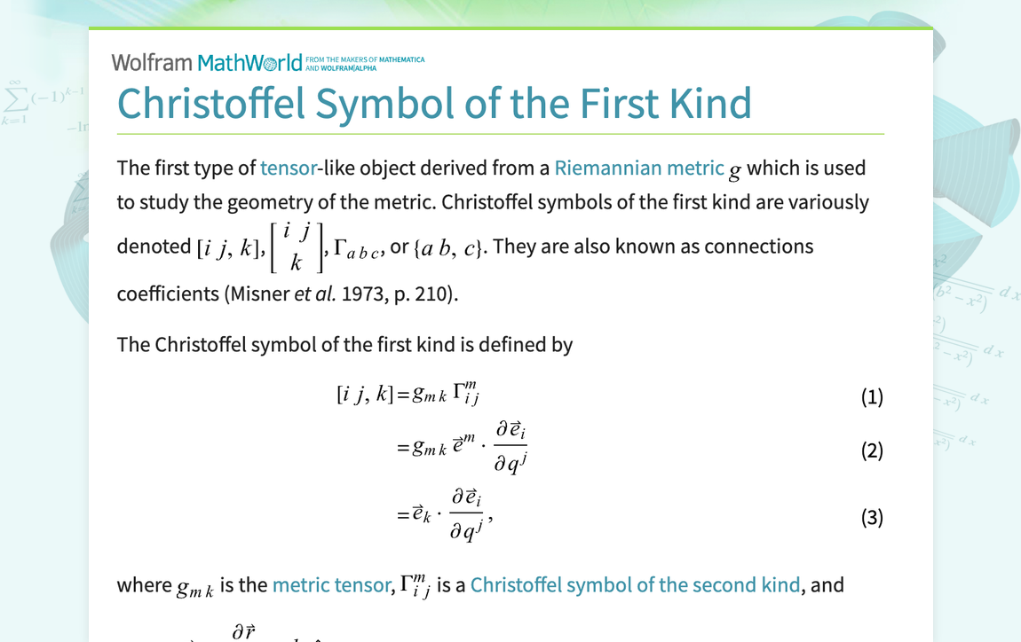 Christoffel Symbol of the First Kind -- from Wolfram MathWorld